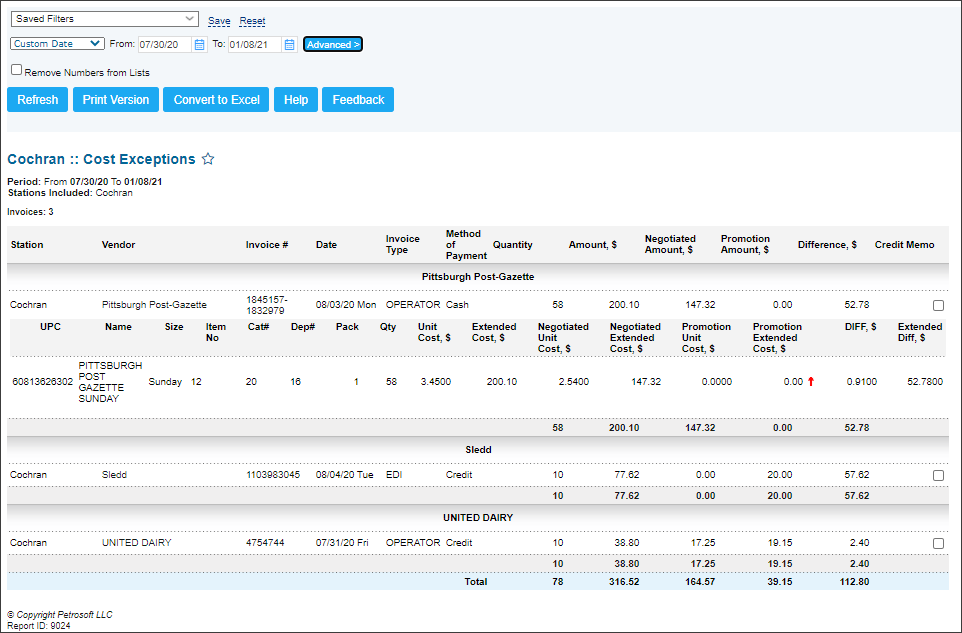 Cost Exceptions Report