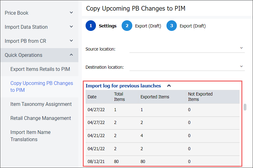 Viewing Upcoming PB Changes Export Log