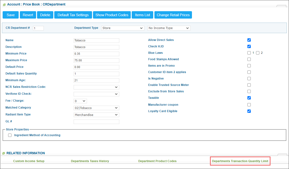 Departments Transaction Quantity Limit