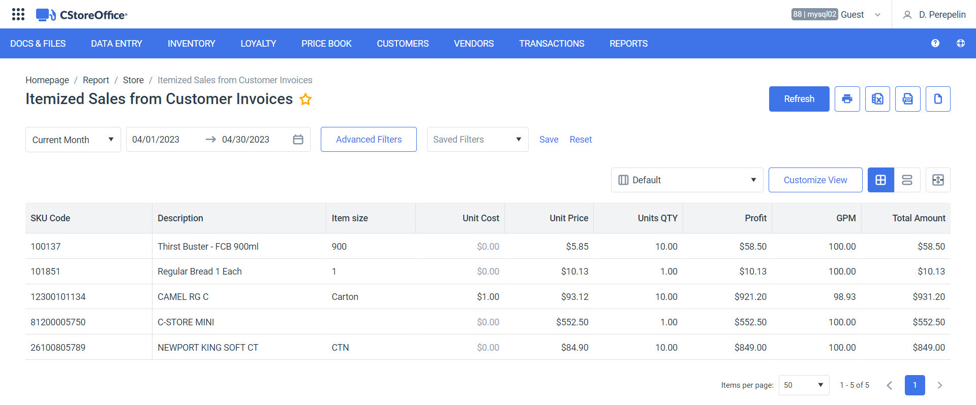 itemized sales from customer invoices