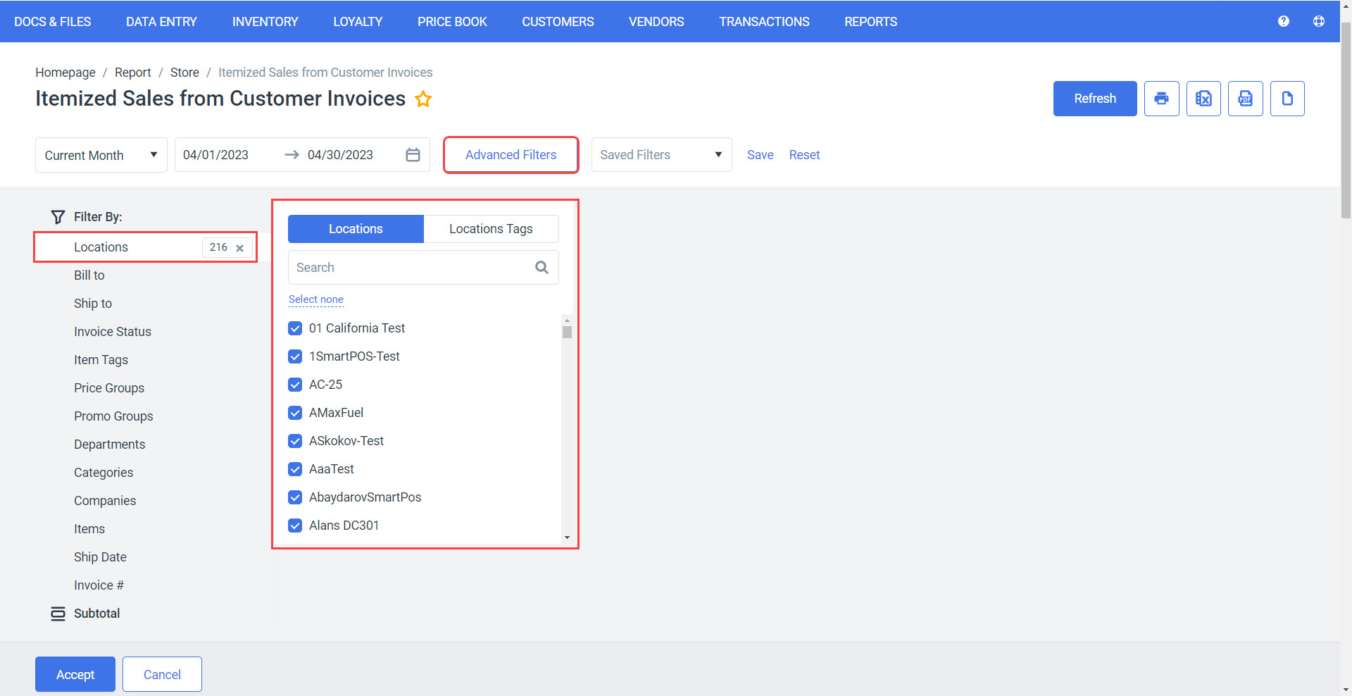 itemized sales from customer invoices