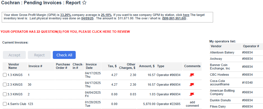 Pending Invoices Report