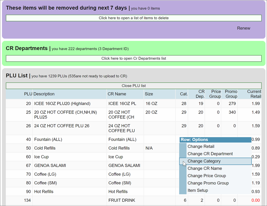 CR Updates Manager Sections: PLU List