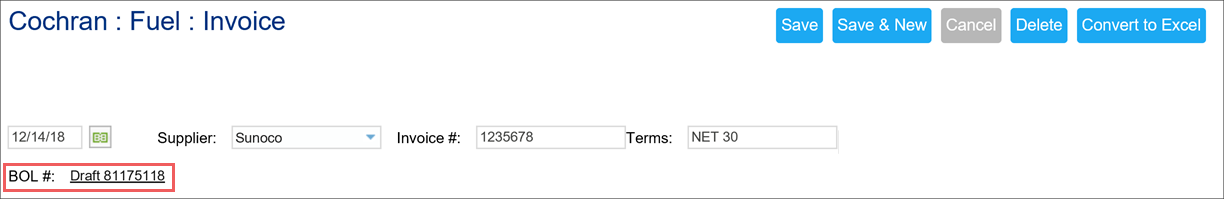 Entering New Fuel Invoice