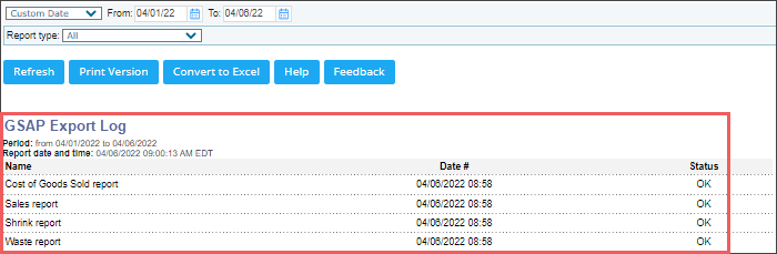 Viewing GSAP Export Log