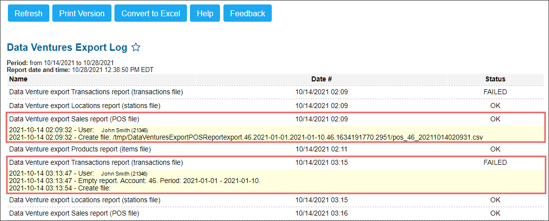 Viewing the Export Log